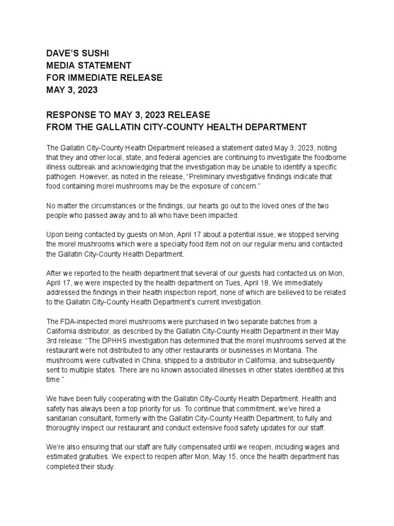 Dave's Sushi Media Statement | PDF