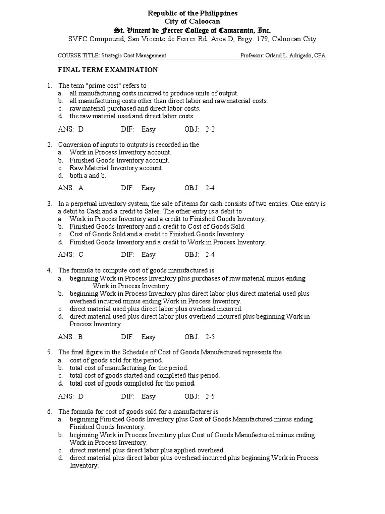 Final Term Exam Strat Cost Answers | PDF