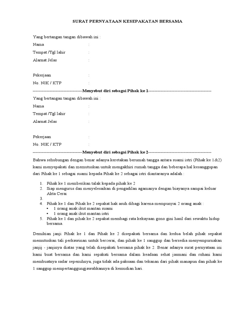 Contoh SURAT PERNYATAAN KESEPAKATAN Pisah 2 | PDF