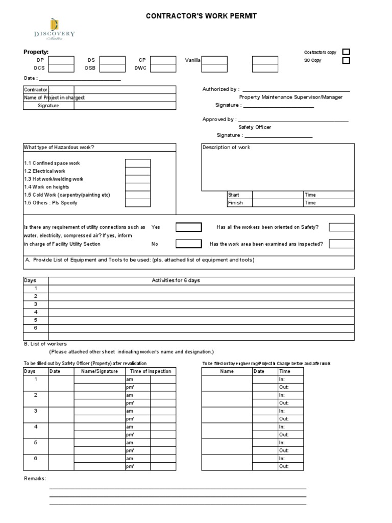 DHC-EHS-FORM-001-00 Contractor's Work Permit - Rev 00 - DCS | PDF