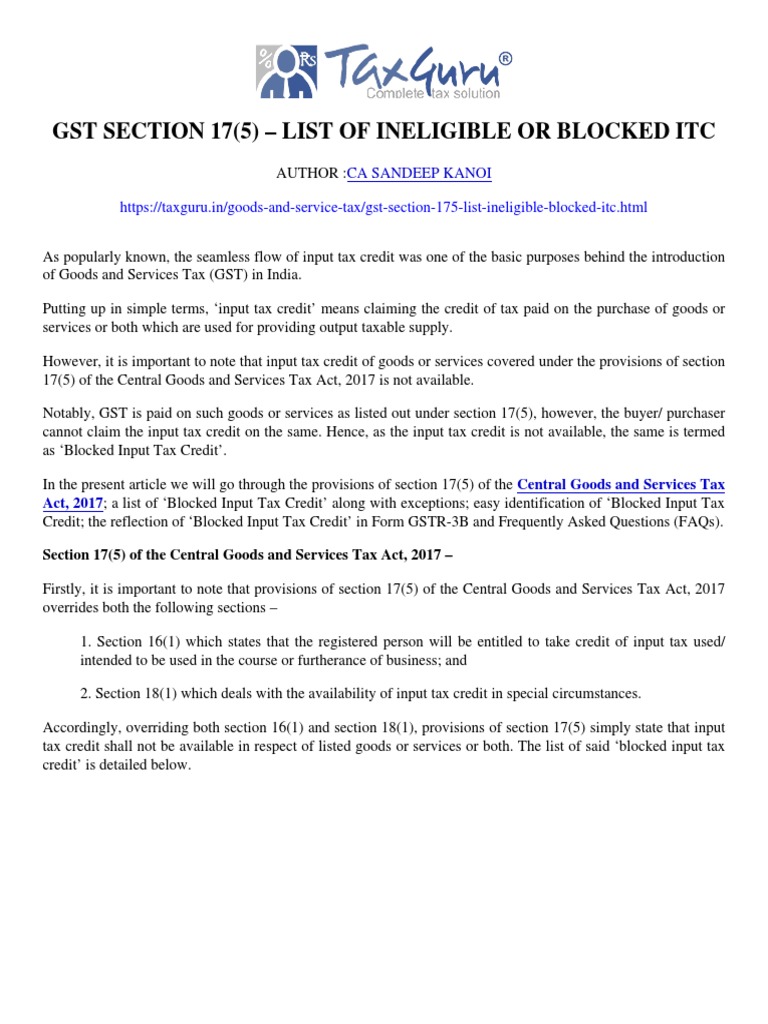 GST Section 17(5) Blocked ITC Guide | PDF