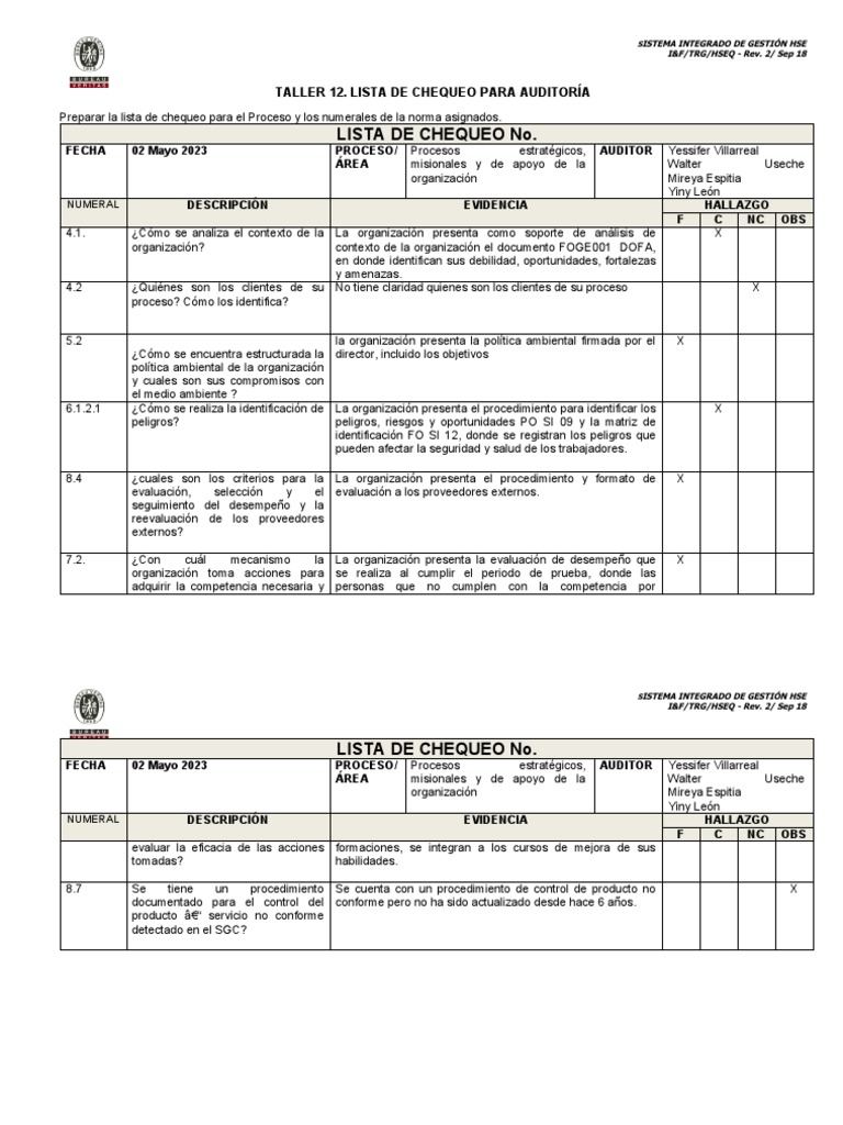 Taller 12 Lista Verificacion | PDF