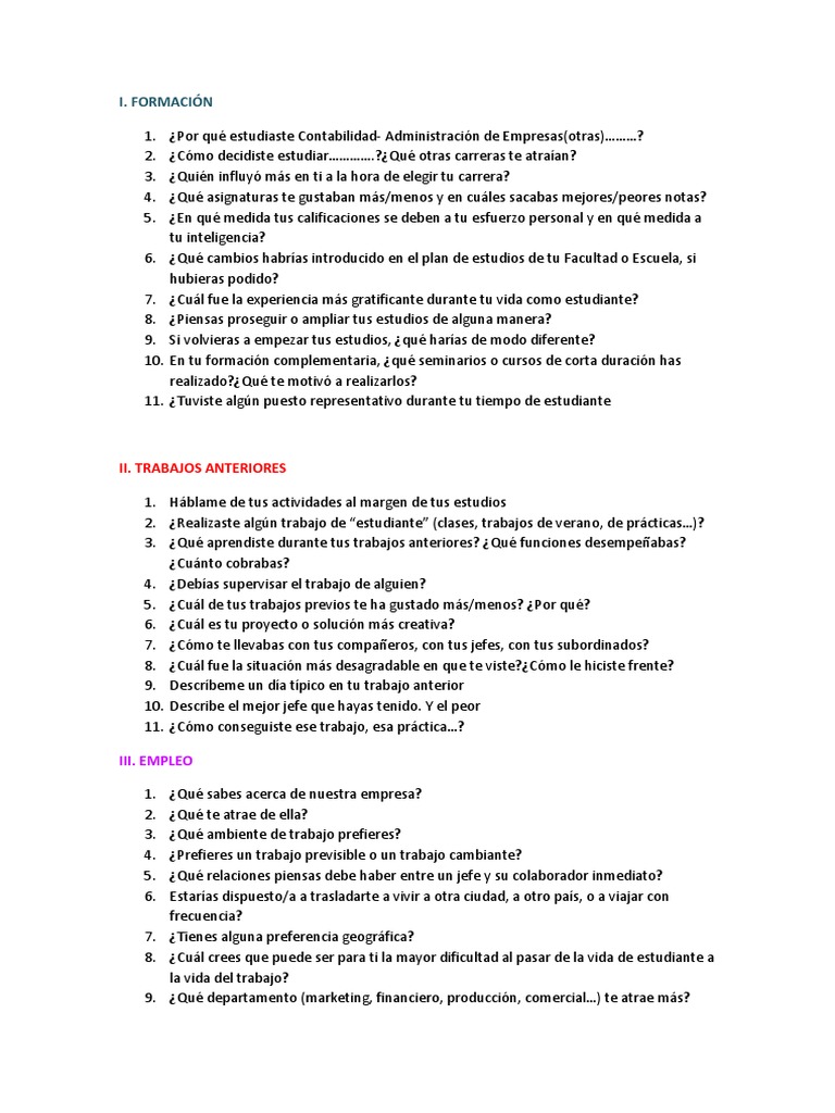 Cuestionario para Una Entrevista de Trabajo PDF | PDF