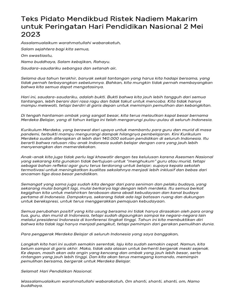 Teks Pidato Mendikbud Ristek Nadiem Makarim Untuk Peringatan Hari ...