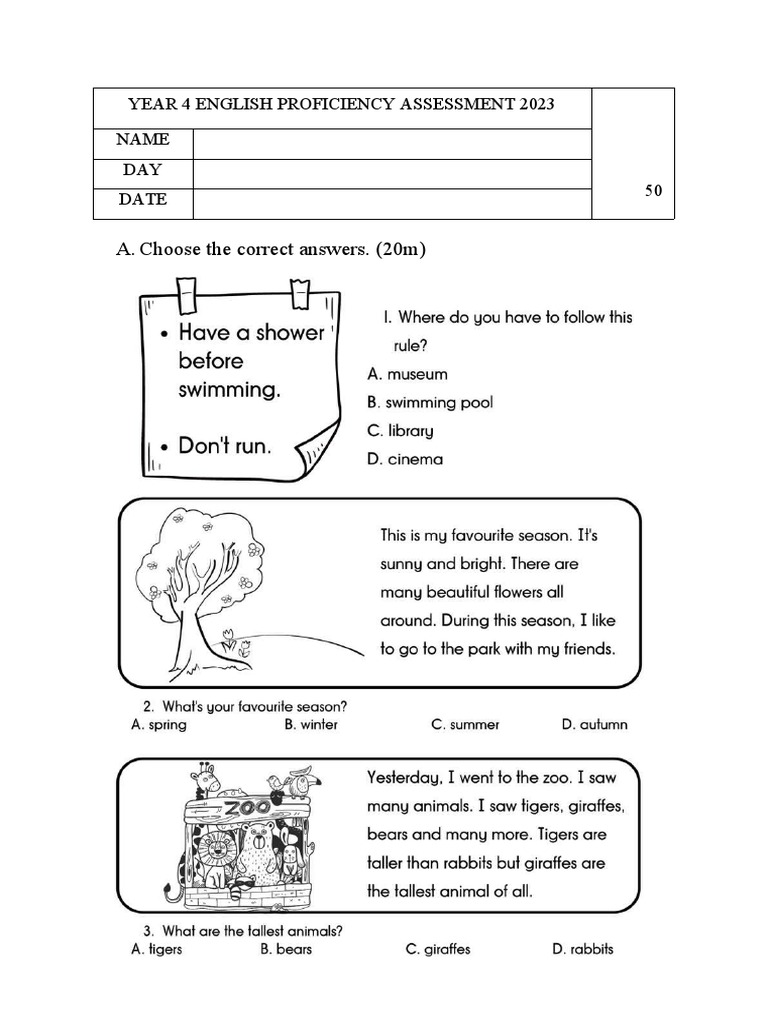 Year 4 English Proficiency Assessment 2023 | PDF