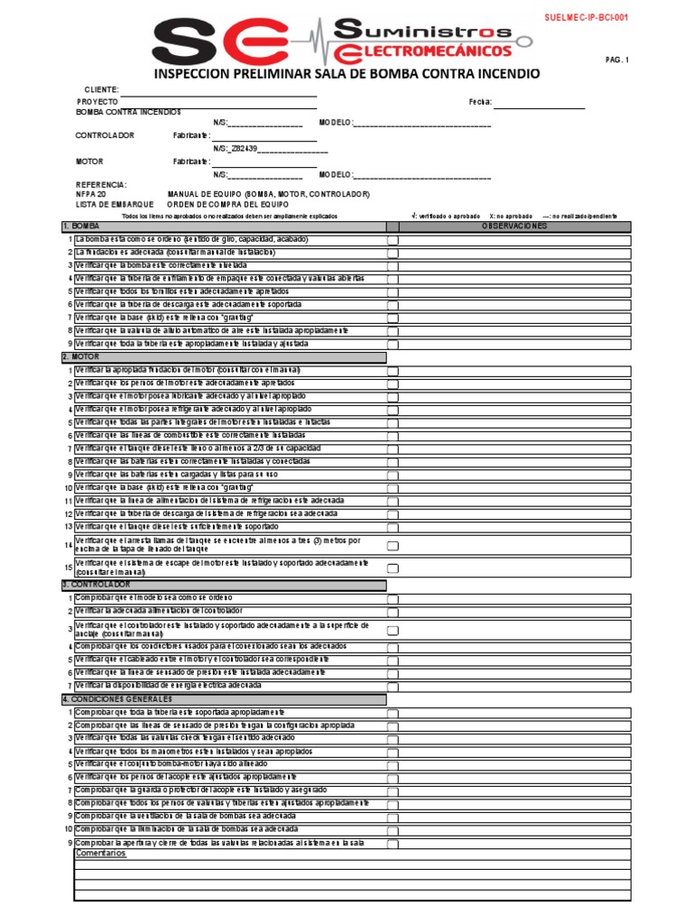 Formato Inspeccion Preliminar Sala Bomba | PDF