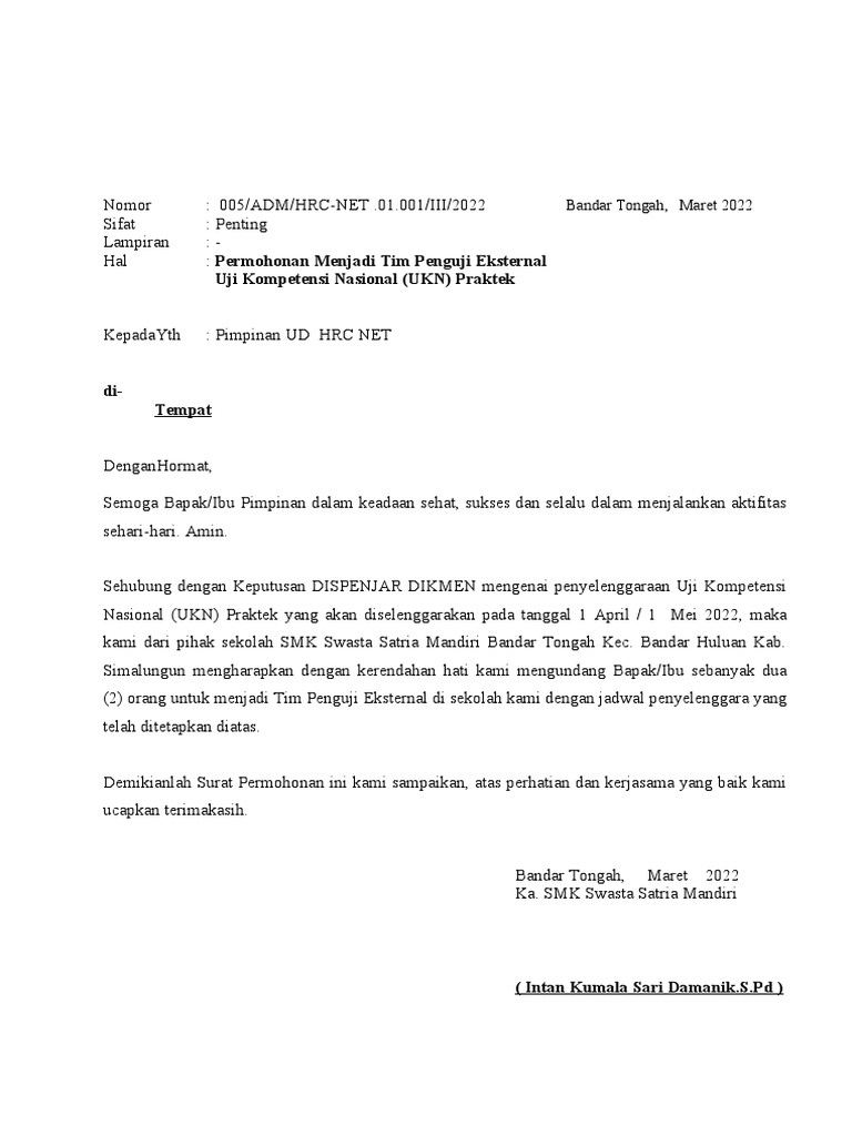 TKJ Surat Permohonan Tim Penguji Eksternal | PDF