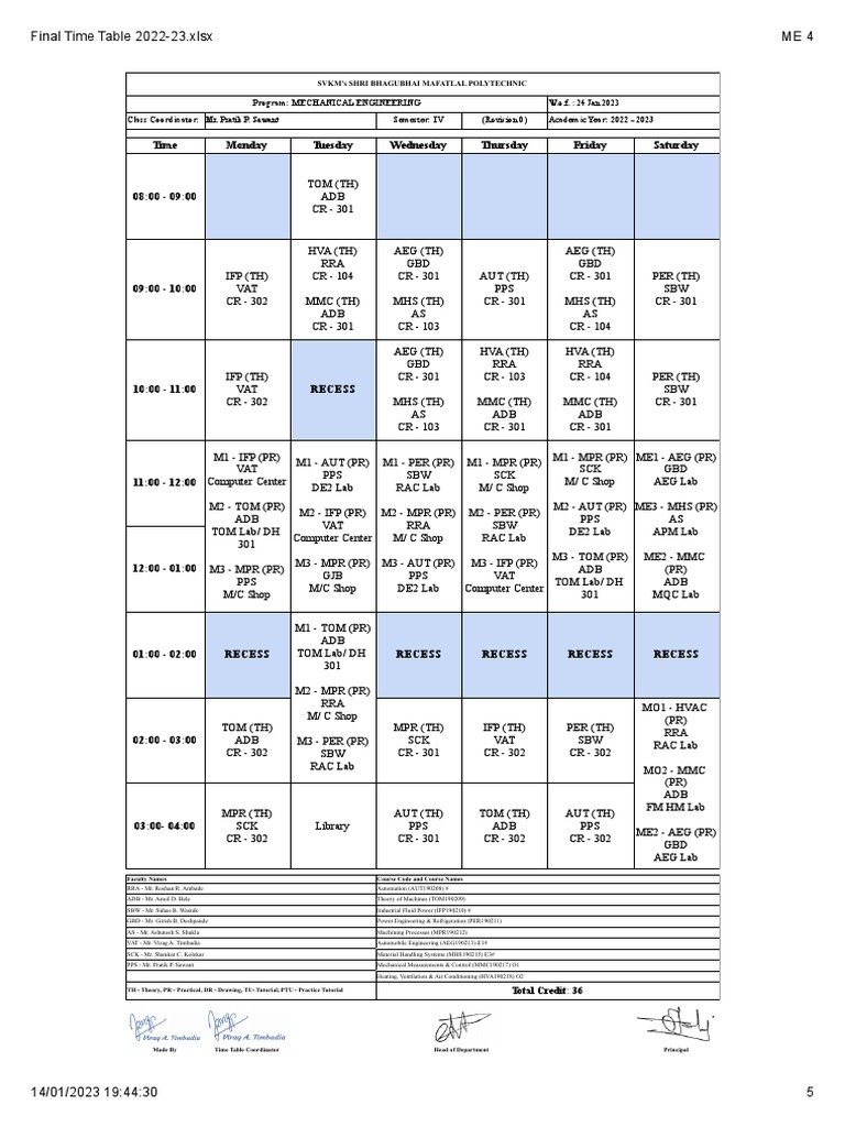 A Comprehensive Timetable for Mechanical Engineering Students Providing Insight into Classes ...