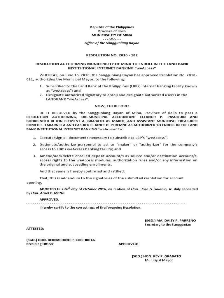 Mina Iloilo Resolution for Land Bank Access | PDF | Government
