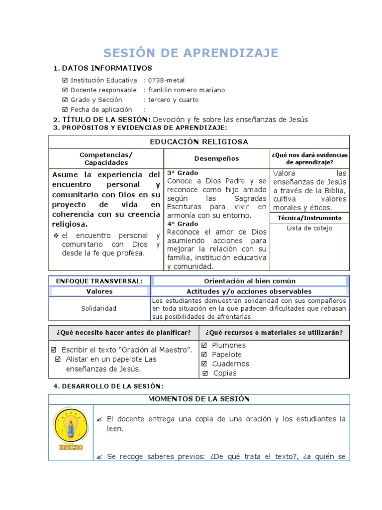 SESIÓN DE APRENDIZAJE Religion | PDF | Oración | Jesús SESIÓN DE APRENDIZAJE Religion | PDF | Oración | Jesús