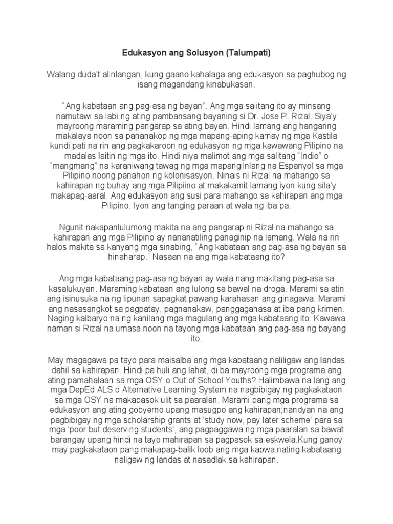 Edukasyon Ang Solusyon Talumpati | PDF