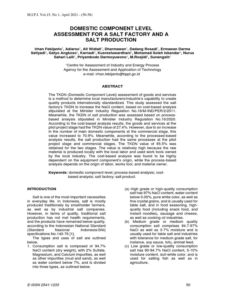 Domestic Component Level Assessment For A Salt Factory and A Salt ...