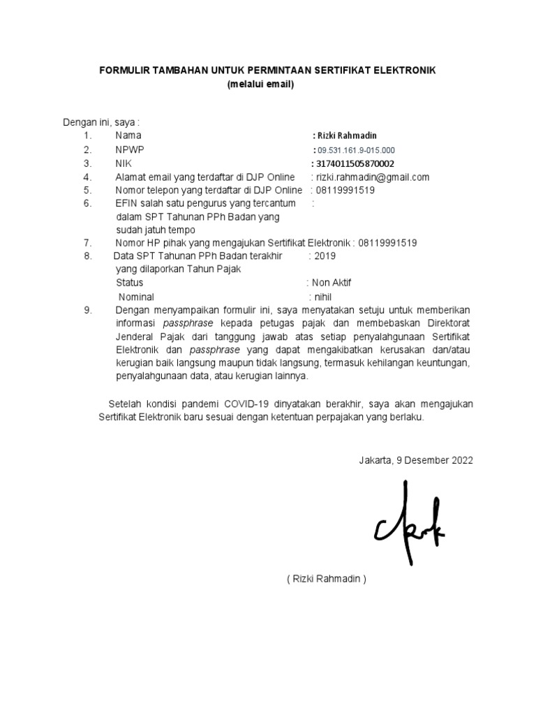 Formulir Tambahan Untuk Permintaan Sertifikat Elektronik | PDF