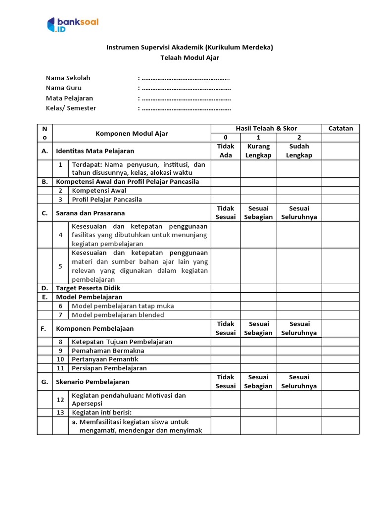 Instrumen Supervisi Penelaahan Modul Ajar | PDF