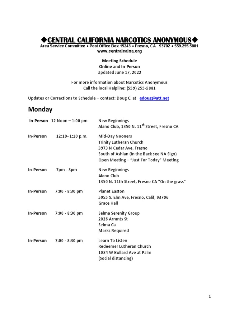 Central California Narcotics Anonymous : Monday | PDF