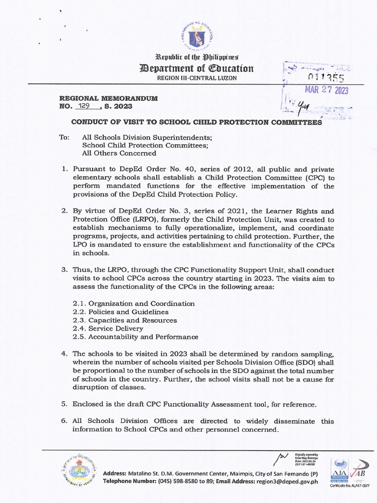 RM No. 129 S.2023 Conduct of Visit To School Child Protection ...