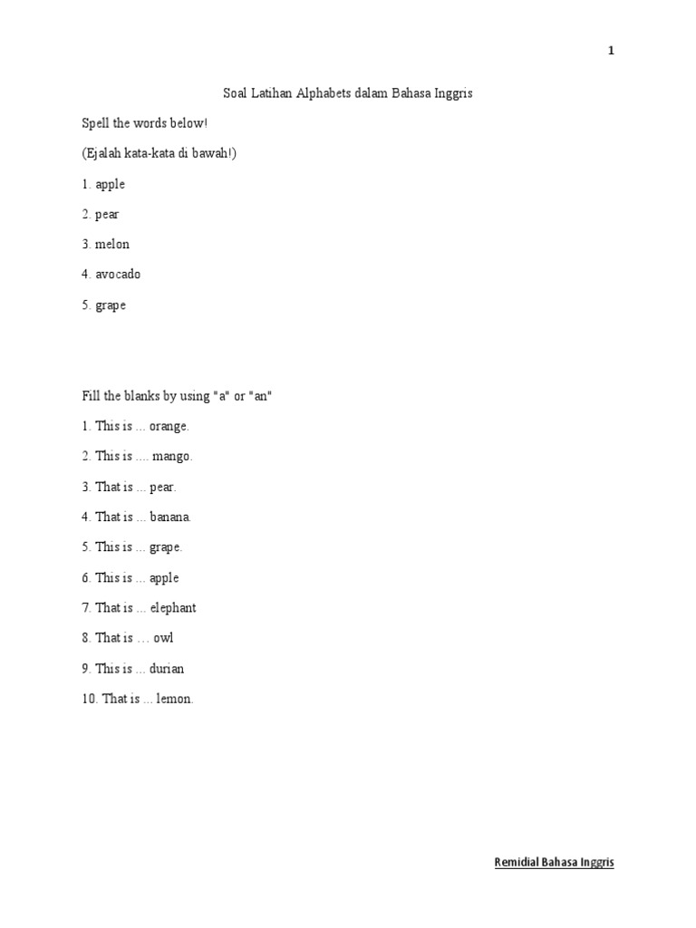 Soal Latihan Alphabets Dalam Bahasa Inggris | PDF