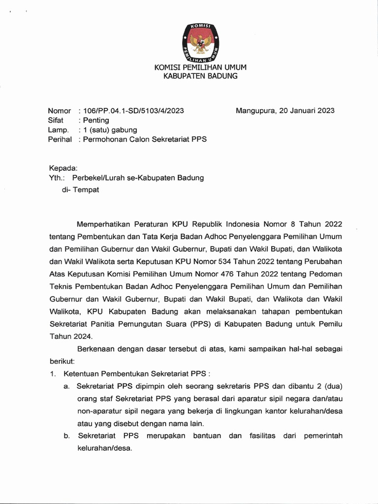 Surat Permohonan Sekretariat PPS (Cap) | PDF
