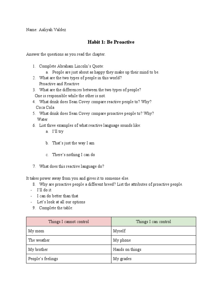 Worksheet2 Habit 1 Be Proactive | PDF | Cognitive Science ...