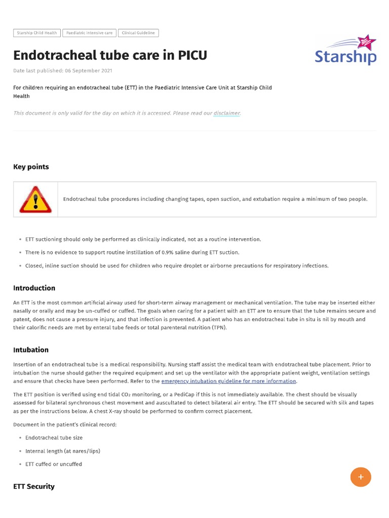 Endotracheal Tube Care in PICU PDF | PDF