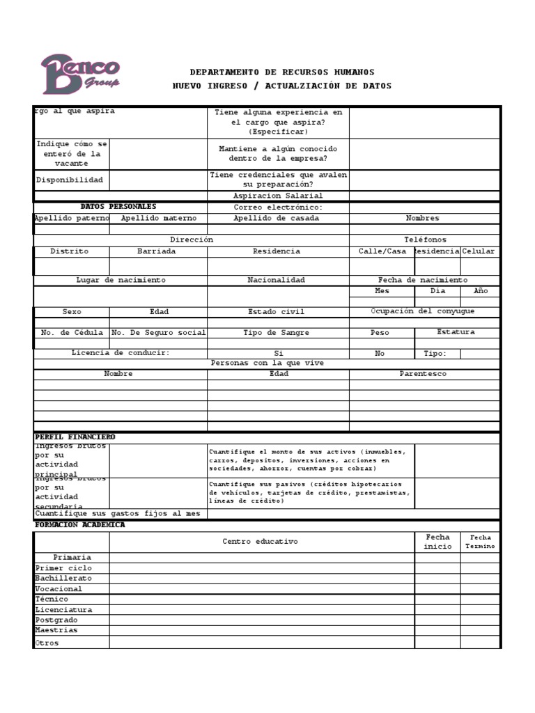 Formulario de Nuevo Ingreso PDF | PDF