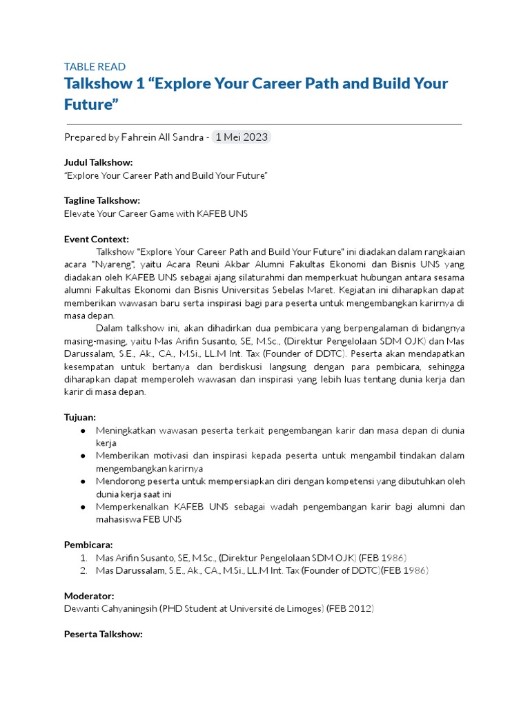 TR - Talkshow 1 - Explore Your Career Path and Build Your Future | PDF