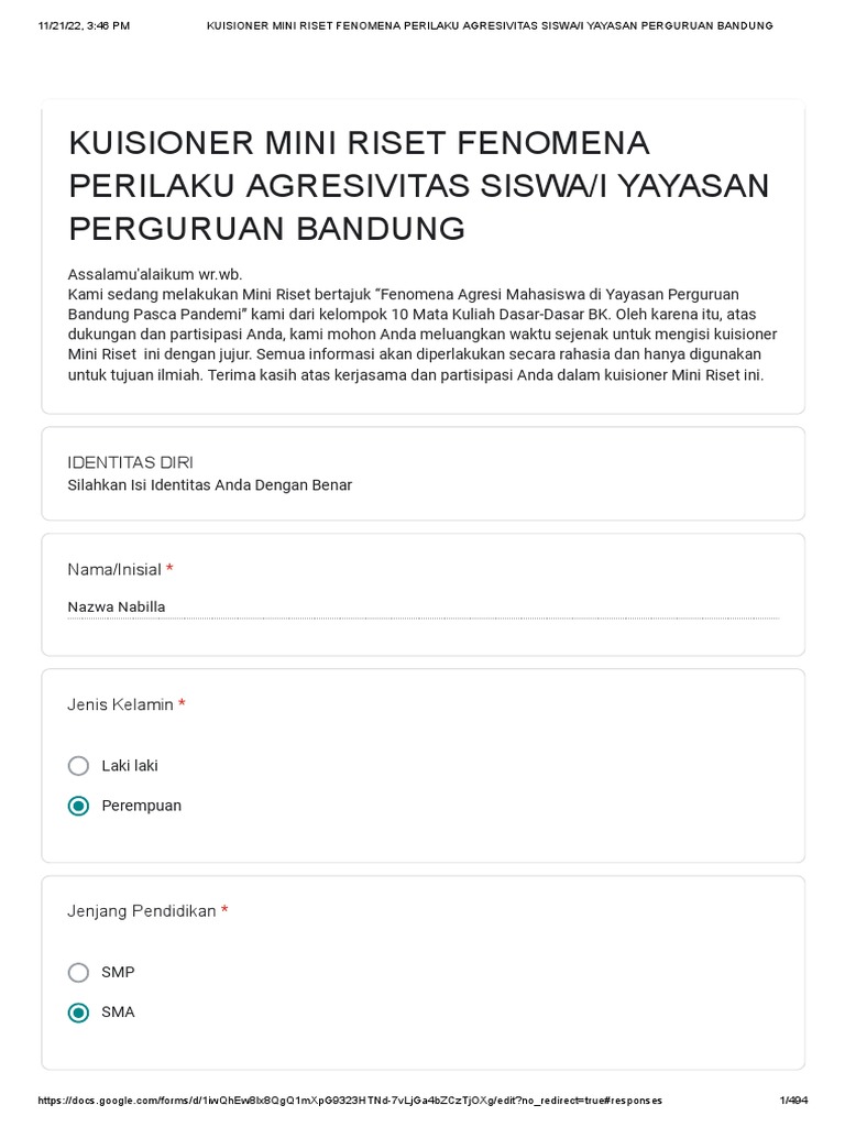 Kuisioner Mini Riset Kelompok 10 - Google Formulir | PDF