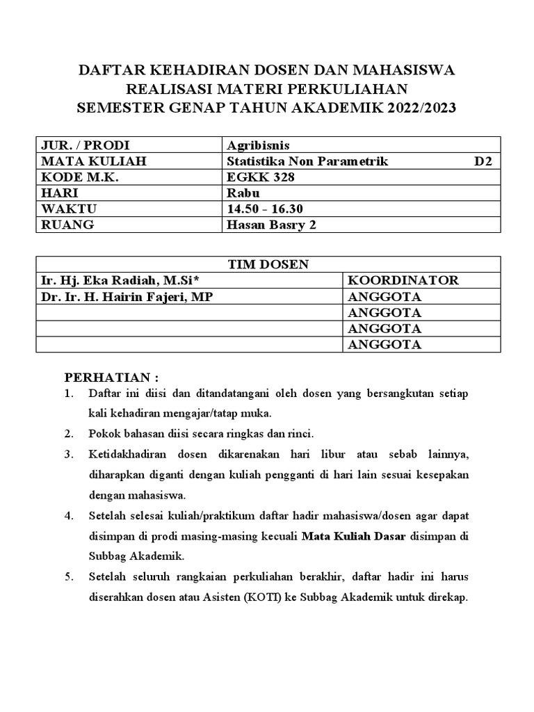 Daftar Kehadiran Dosen Dan Mahasiswa | PDF
