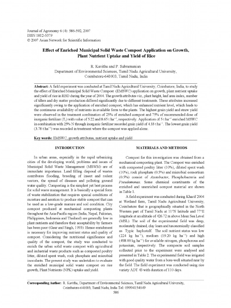 2007 - Kavitha - Effect of Enriched Municipal Solid Waste Compost Application On Growth, Plant ...
