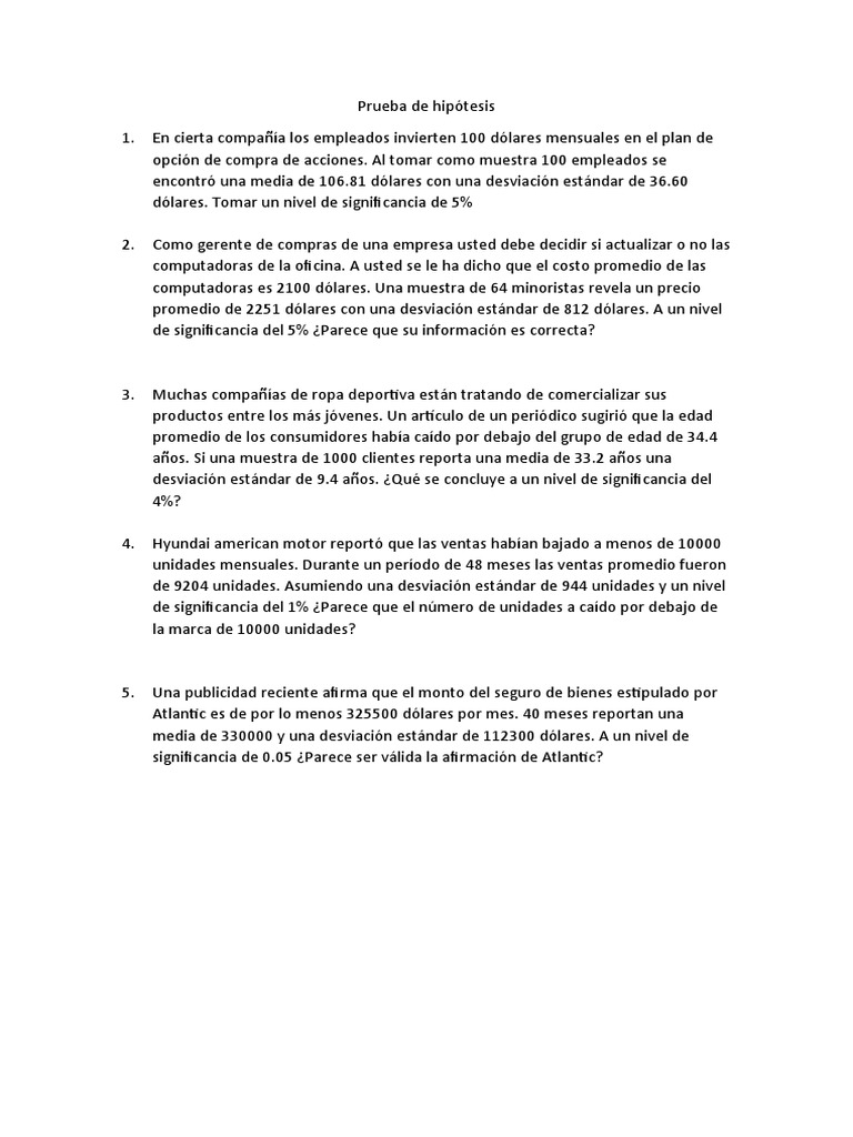 Prueba de Hipótesis Ejercicios | PDF