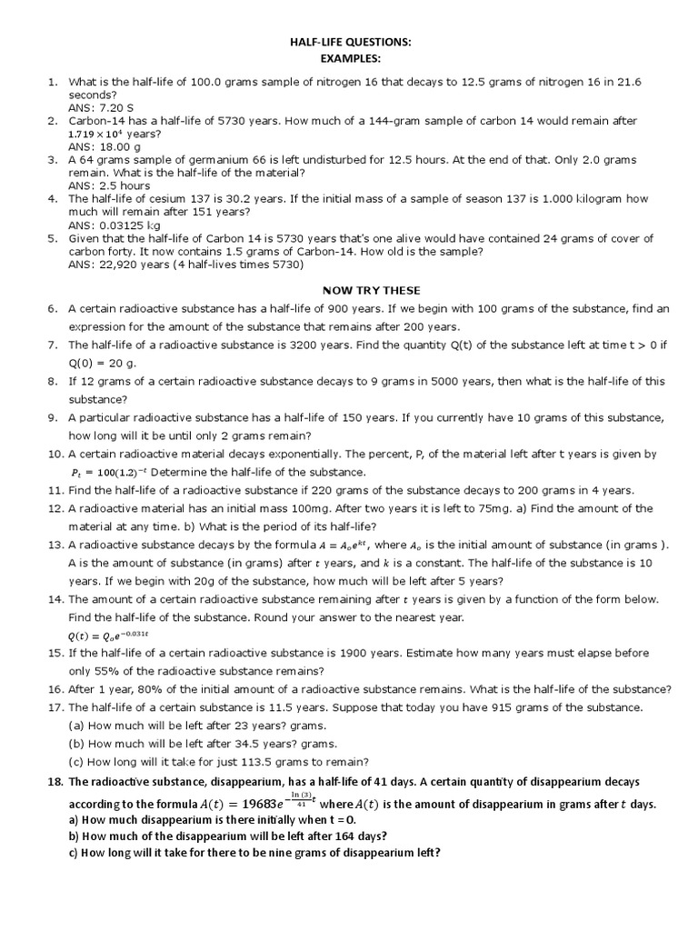 Half-Life Problems and Solutions | PDF