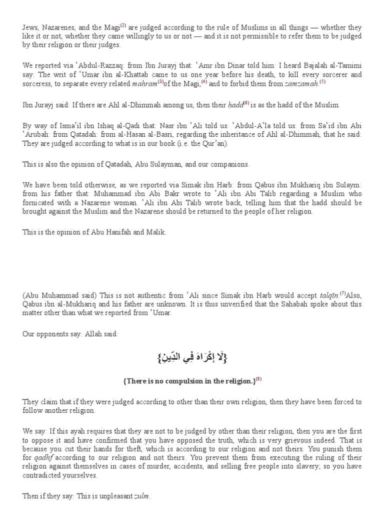 Ibn Hazm - Dhimmis Are Ruled by Islamic Law (Al Muhalla, Translation ...