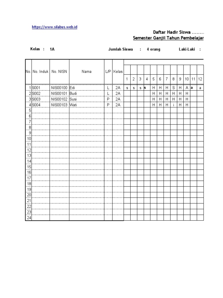 Contoh Absensi Siswa Rekap Otomatis Semester Ganjil | PDF