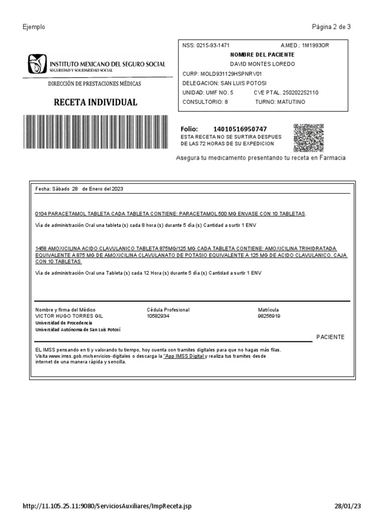 Receta médica para tratamiento de infección respiratoria | PDF