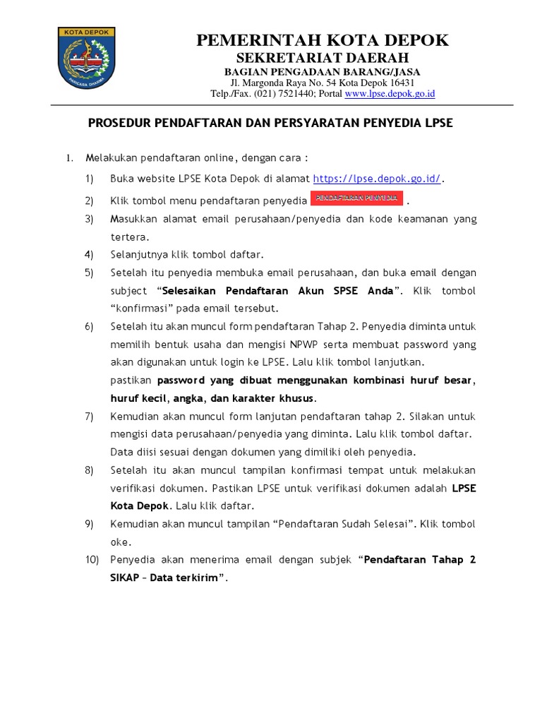 Prosedur Pendaftaran Penyedia LPSE Depok PDF | PDF