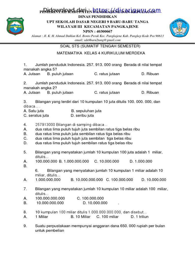 Soal STS Matematika Kelas 4 Kurikulum Merdeka PDF | PDF