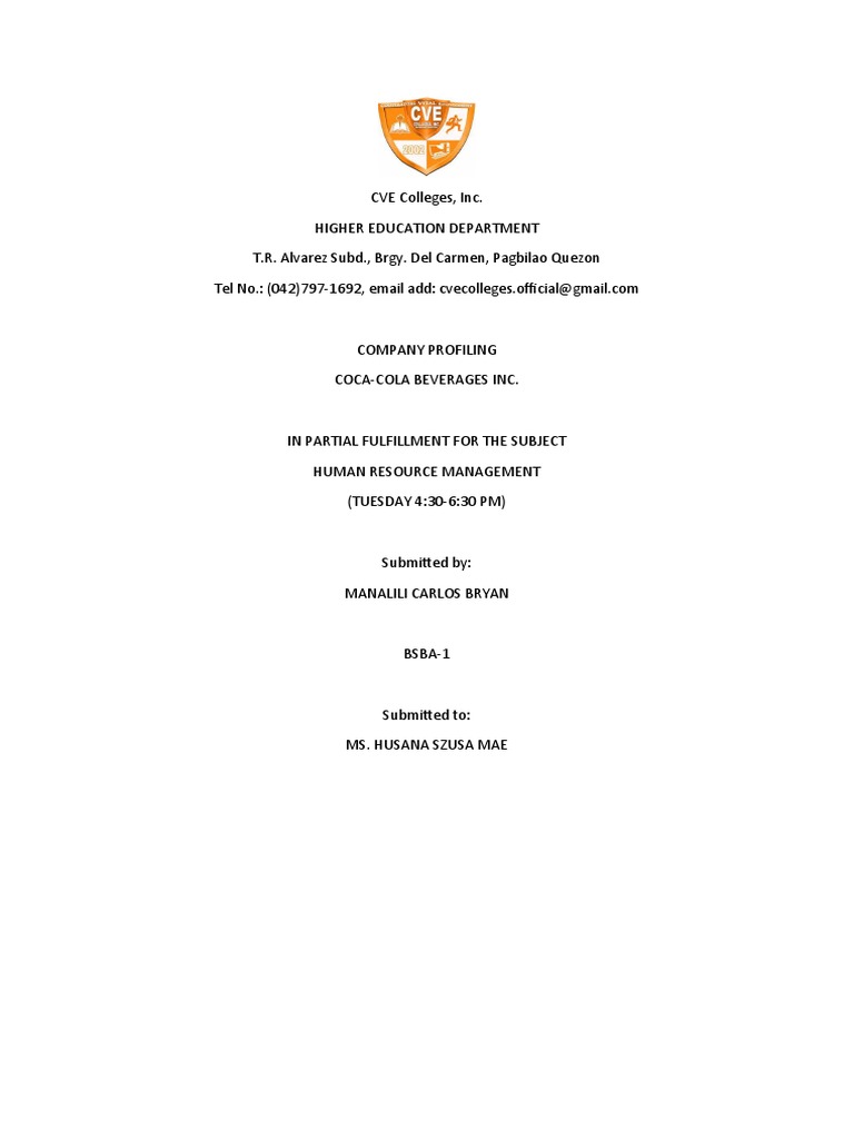 CVE Colleges HRM - MANALILI - CARLOS - BRYAN - BSBA (FM) 1 - Coca-Cola ...