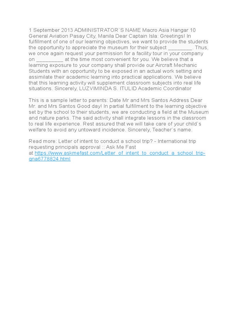 Sample Letter Field Visit | PDF