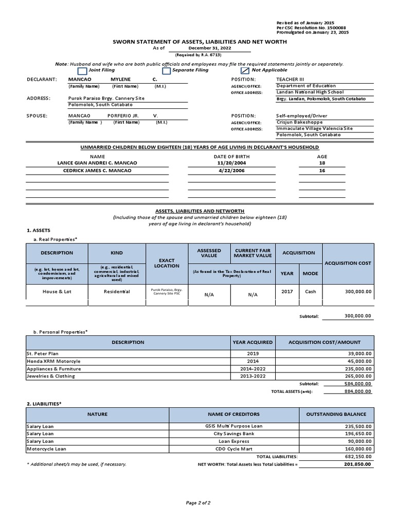 SALN Sample for Teachers 2023 | PDF | Net Worth | Business