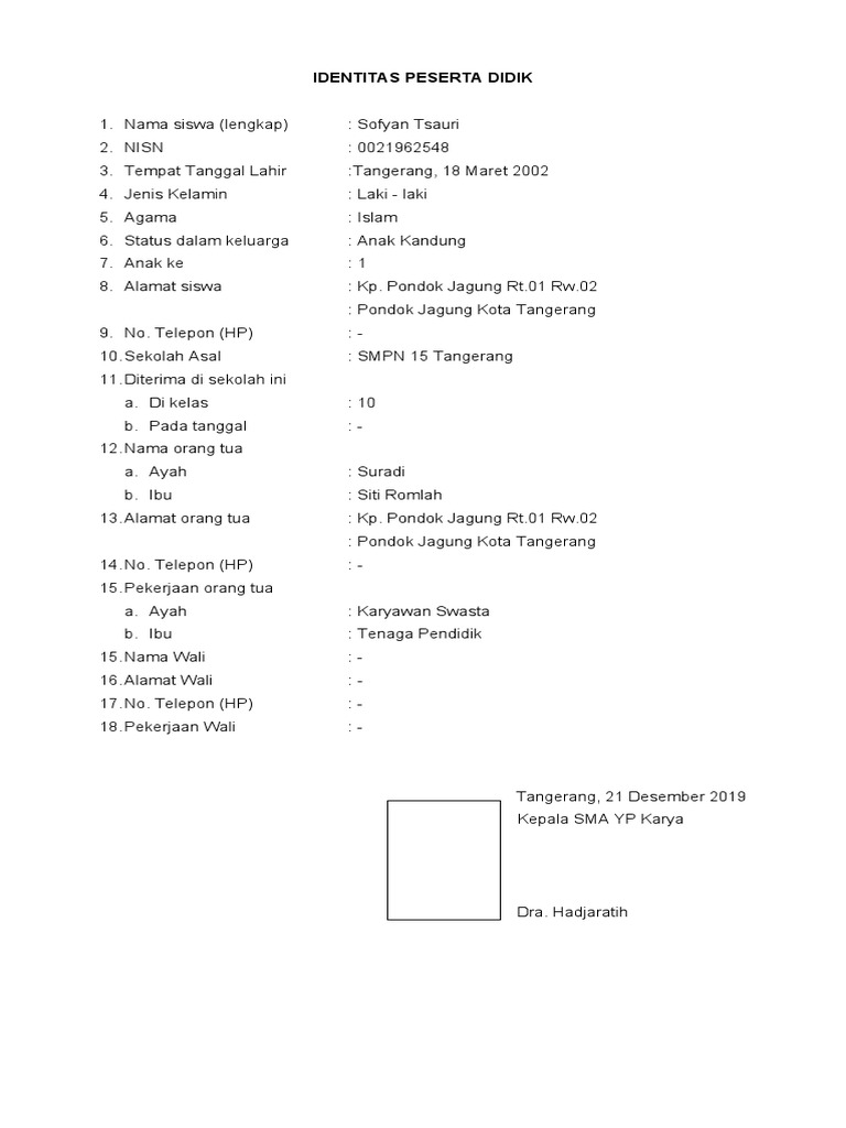 IDENTITAS DIRI SISWA SMA.docx | PDF