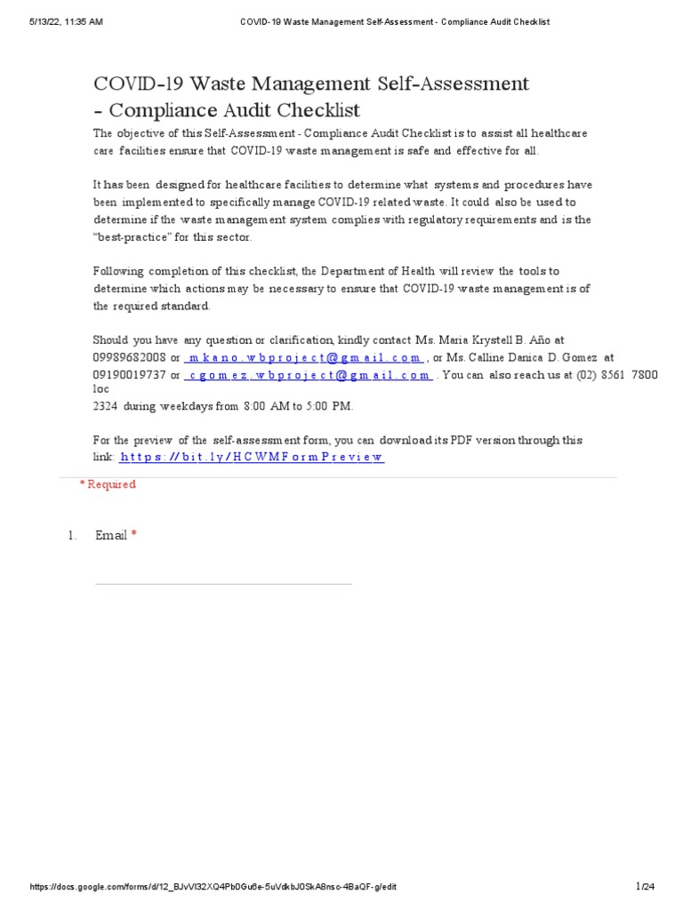 COVID-19 Waste Management Self-Assessment - Compliance Audit Checklist ...
