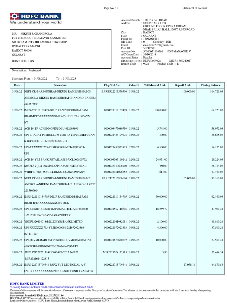 Date Narration Chq./Ref - No. Value DT Withdrawal Amt. Deposit Amt ...