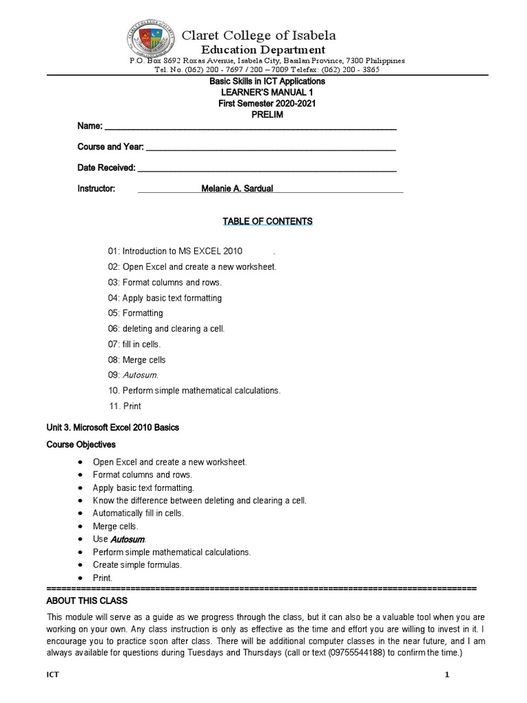 Learning Manual Excel Basics 2010 3 Pdf 2910