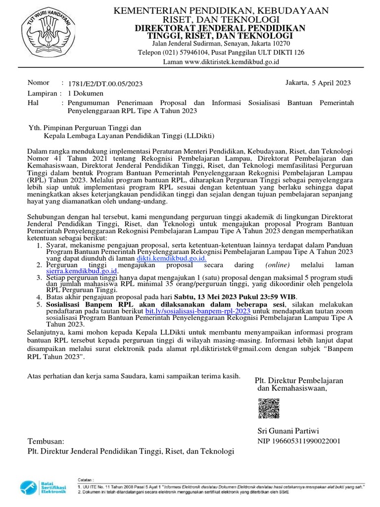Pengumuman Banpem Pelaksanaan RPL Tipe A Tahun 2023 PDF | PDF
