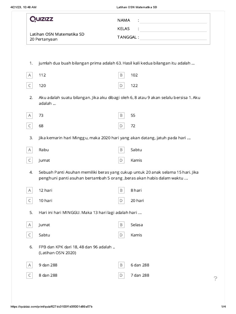 Latihan OSN Matematika SD Vanni Teguh PDF | PDF
