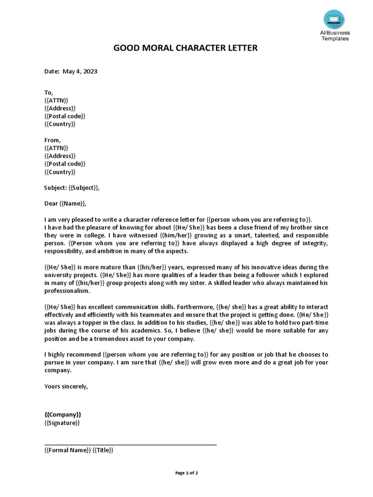 Good Moral Character Reference Letter | PDF