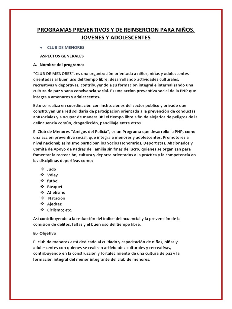 Programas Preventivos y de Reinsercion para Niños | PDF