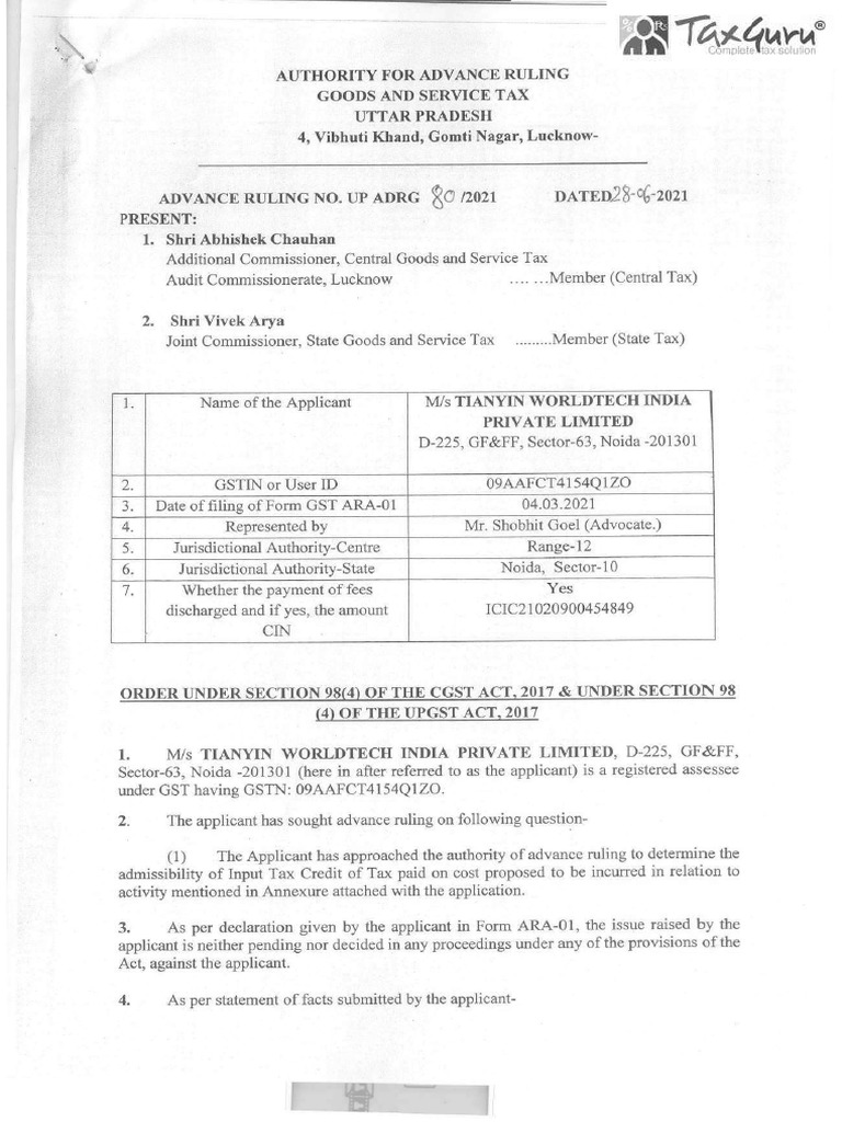 Advance Ruling - ITC On Genset Not Allowed PDF | PDF Advance Ruling - ITC On Genset Not Allowed PDF | PDF