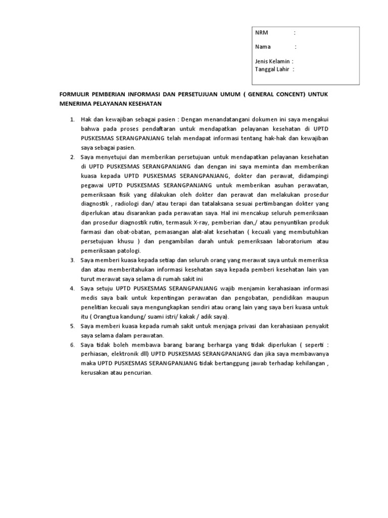 General Consent FORMULIR PEMBERIAN INFORMASI DAN PERSETUJUAN UMUM | PDF