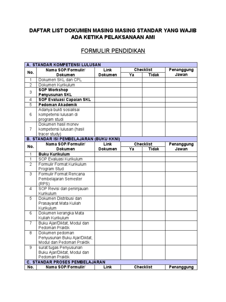 Daftar List Dokumen Masing Masing Standar Yang Wajib Ada Ketika ...